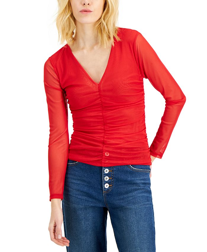 Inc International Concepts Ruched Mesh V Neck Top Created For Macys