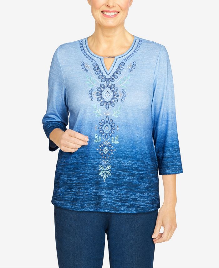 Alfred Dunner Petite High Impact Embroidered Embellished Ombré Knit Top ...