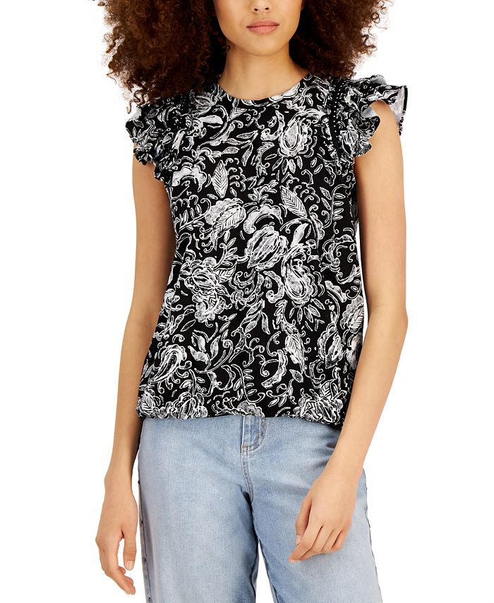 INC International Concepts Floral-Print Cotton Ruffle Top, Created for ...