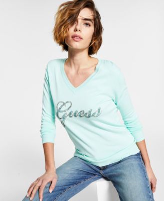 GUESS Embellished V-Neck Sweater - Macy's