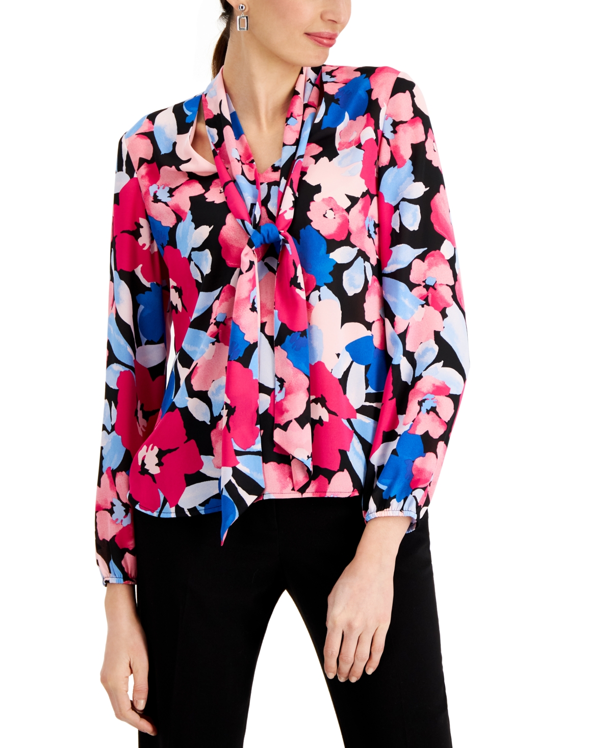 Kasper Printed Tie-neck Long-sleeve Top In Pink Perfection | ModeSens