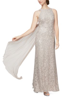 Flyaway-Back Sequin Lace Halter Gown