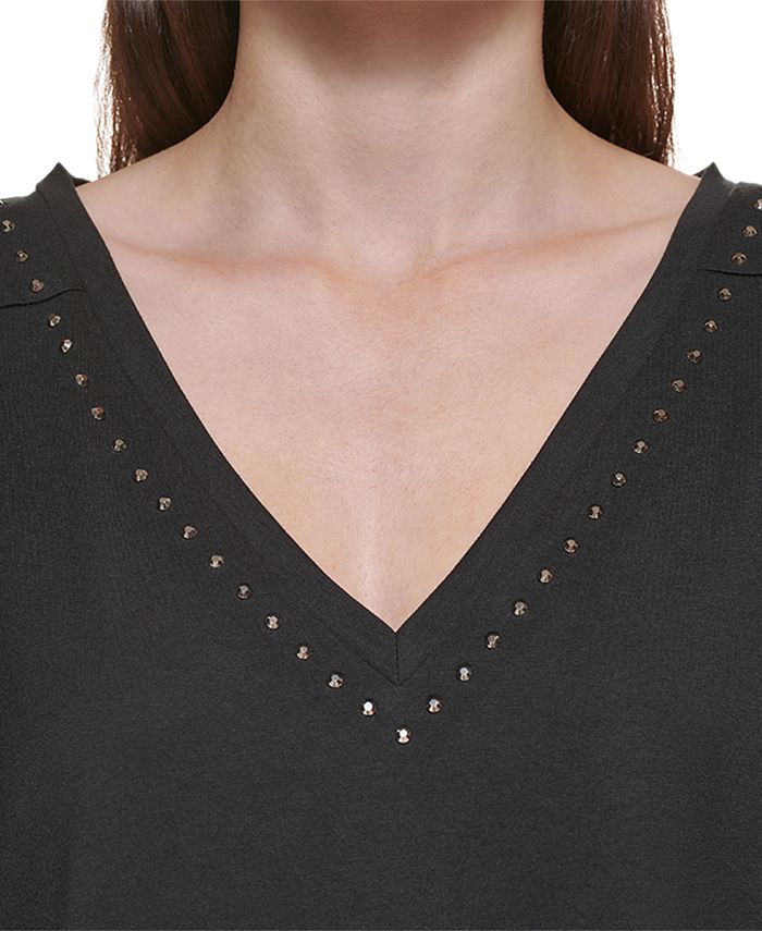 DKNY Embellished V-Neck Top - Macy's