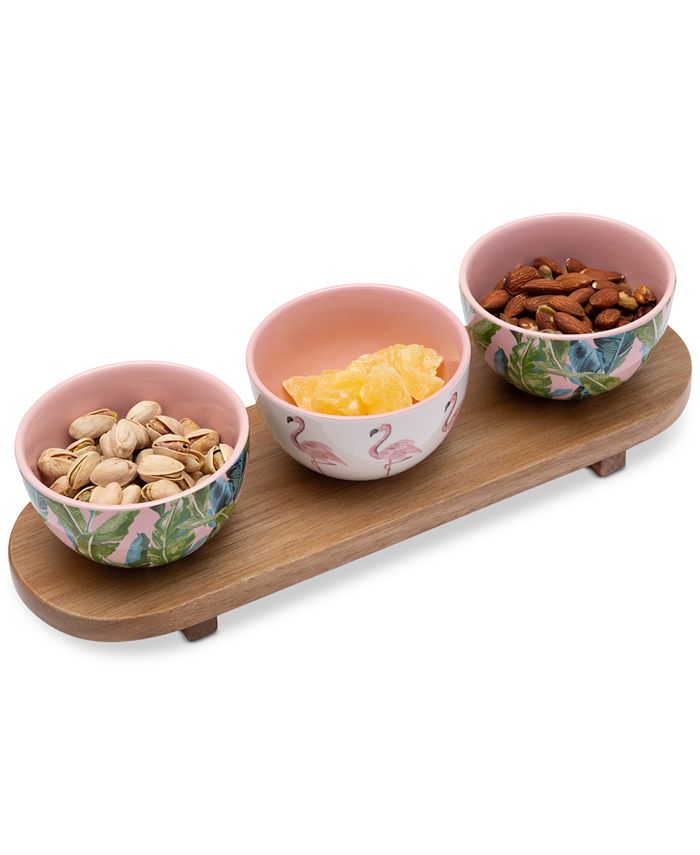 Thirstystone Set of 3 Ceramic Condiment Bowls with Wood Tray - Macy's