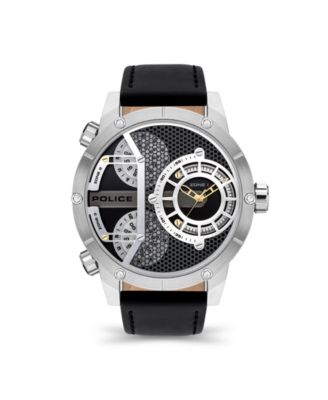 Men's Triple Time Black Leather Strap Watch 50mm