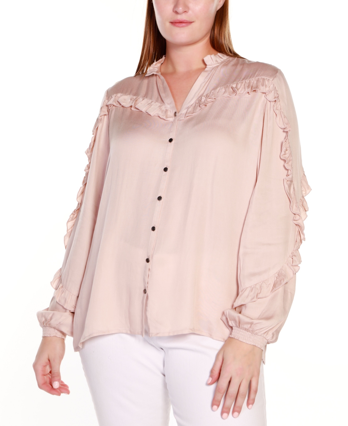 Belldini Black Label Plus Size Ruffle Button-front Blouse Top In Silver ...