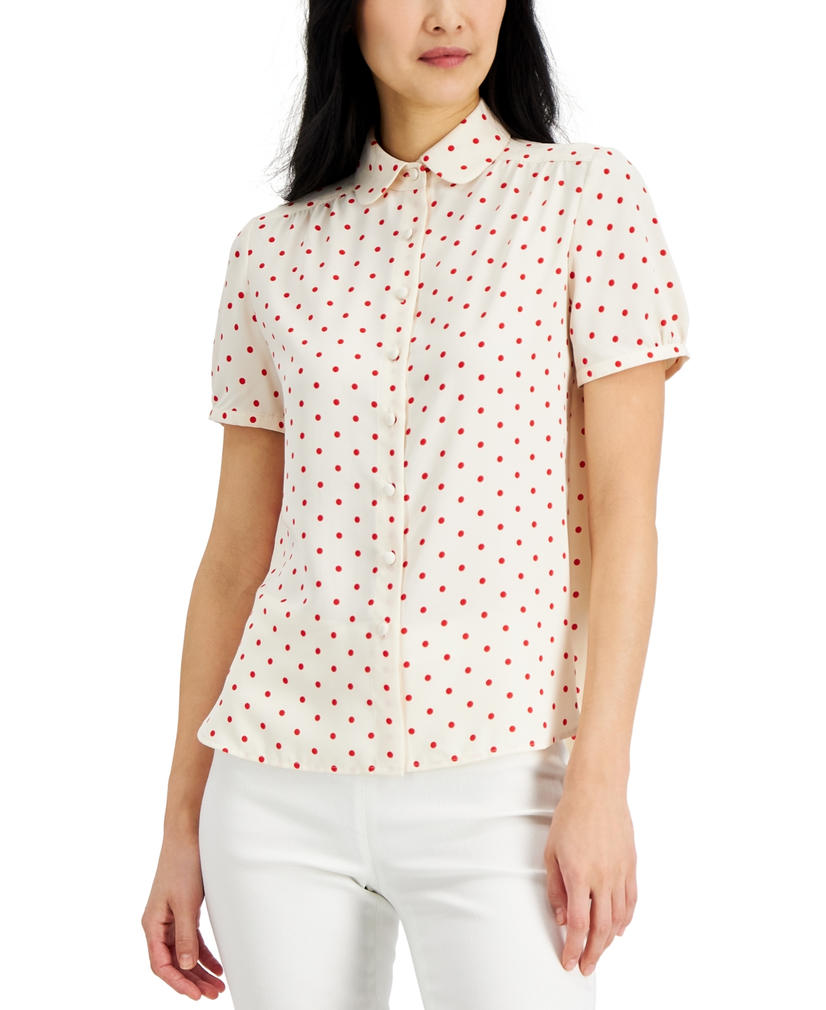Anne Klein Dot Print Button Up Short Sleeve Blouse In Anne White Combo