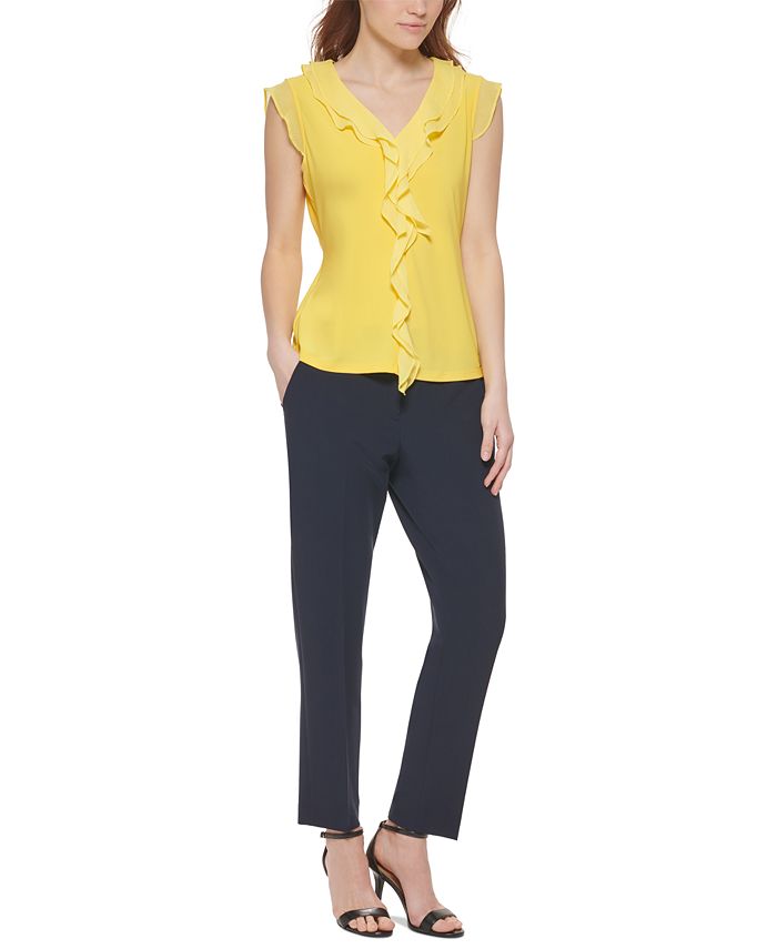 Tommy Hilfiger Women's Mixed-Media Ruffled-Front Top - Macy's