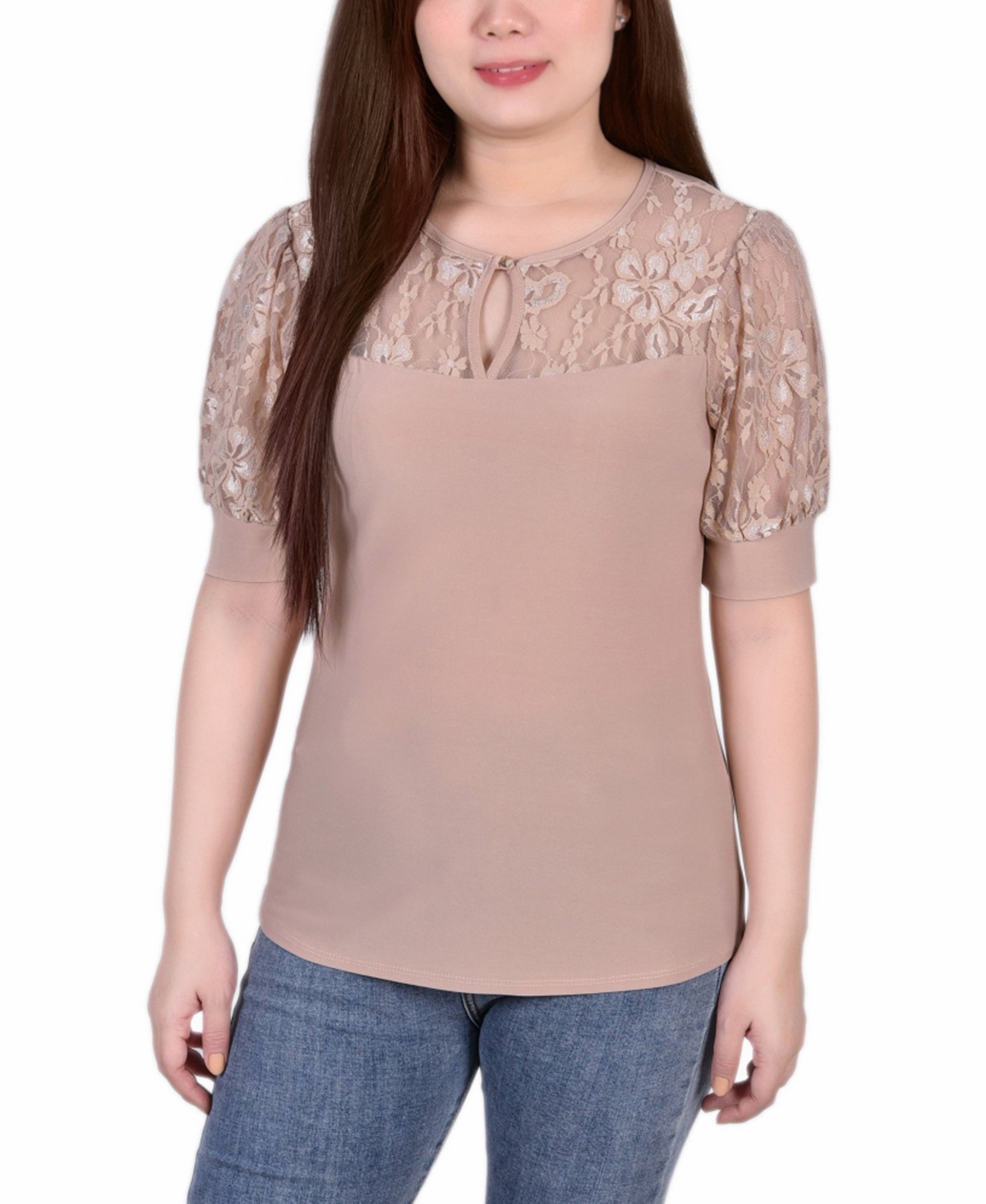 Click here for Womens Short Puff Sleeve Top with Lace Sleeves and... prices