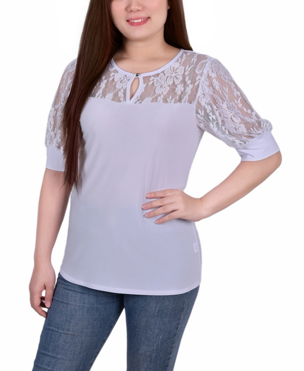 Click here for Womens Short Puff Sleeve Top with Lace Sleeves and... prices