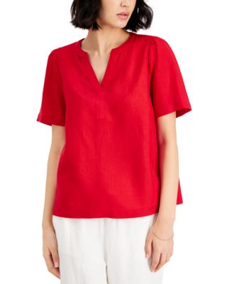 Charter Club Petite Linen Split-Neck Top, Created for Macy's - Macy's