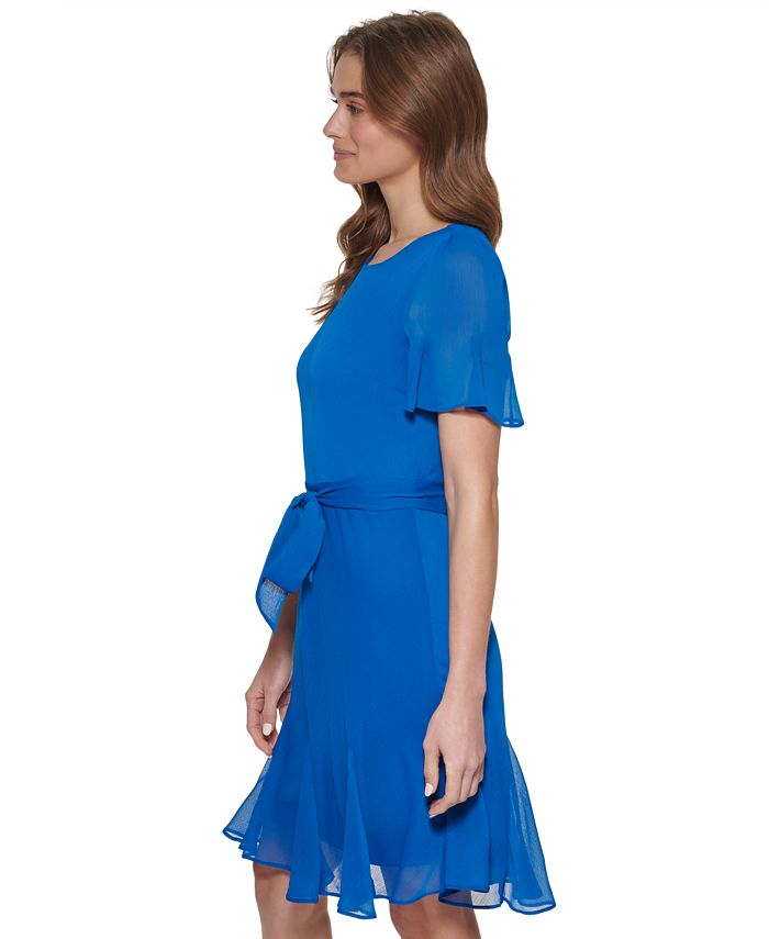 DKNY Tie-Waist Flutter-Sleeve Godet-Style Dress - Macy's