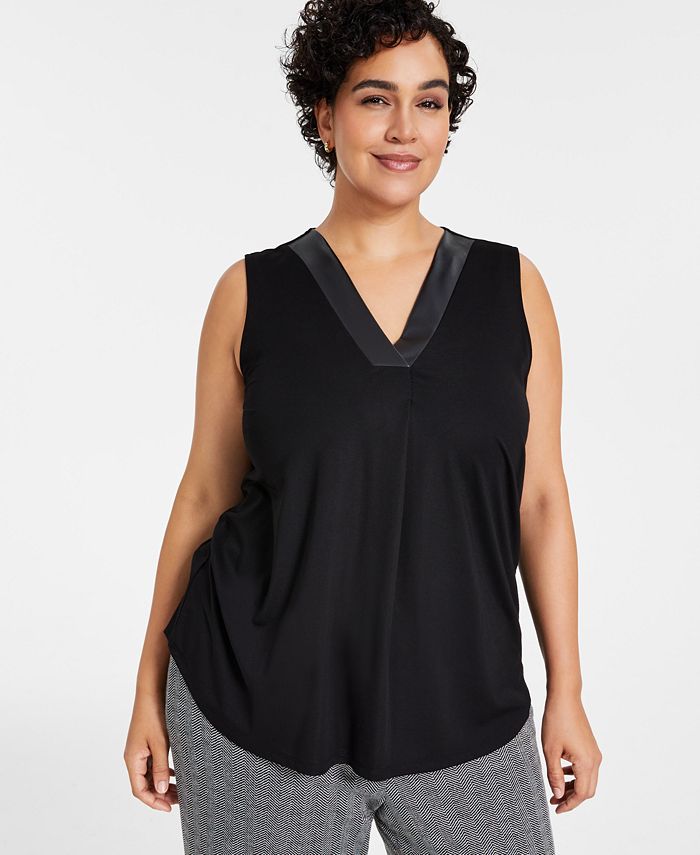 Anne Klein Plus Size Sleeveless Faux-Leather-Trim V-Neck Top - Macy's