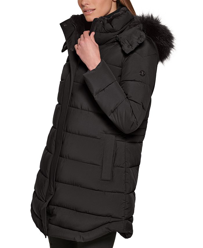 Calvin Klein Women's Faux-Fur-Trim Hooded Puffer Coat, Created for Macy's & Reviews - Coats ...