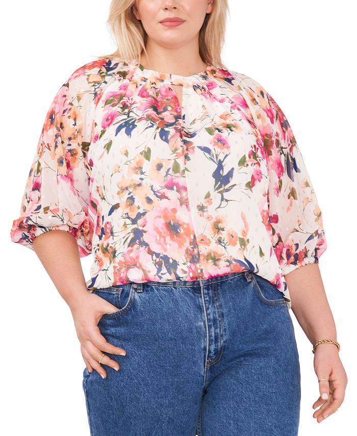 Vince Camuto Plus Size Keyhole Floral-Print Top - Macy's