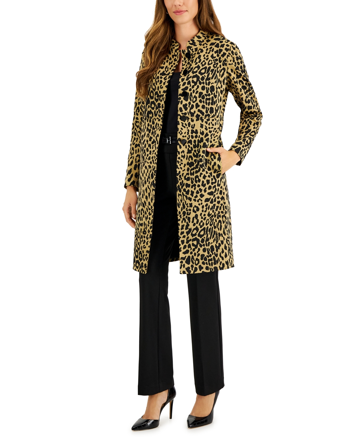 Kasper Women's Jacquard Animal-print Long Jacket In Doe/black | ModeSens