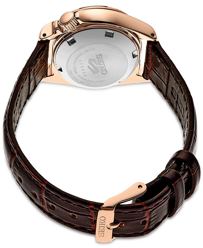 Seiko Women's Automatic 5 Sports Brown Leather Strap Watch 28mm - Macy's