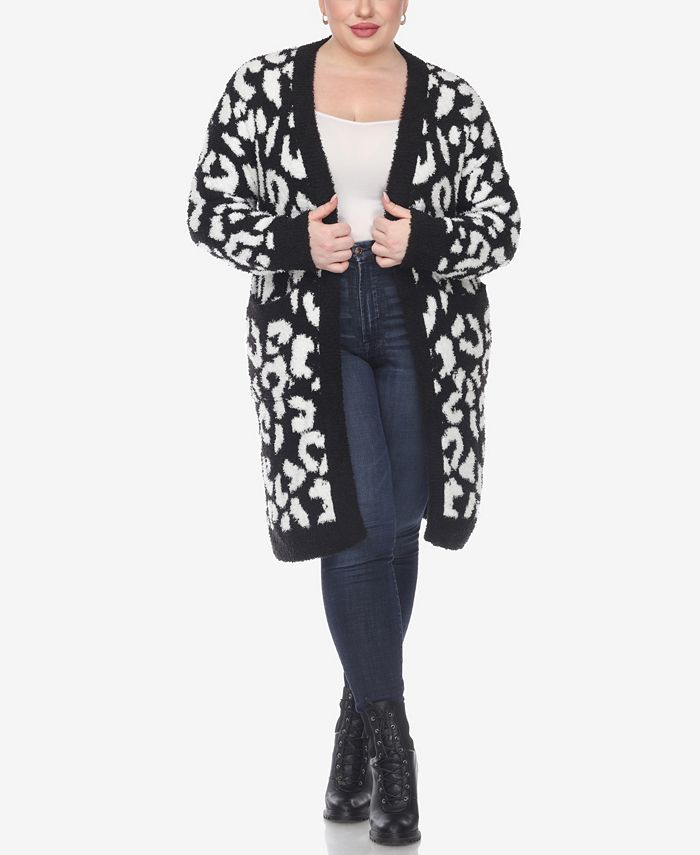 White Mark Plus Size Leopard Print Open Front Sherpa Sweater - Macy's