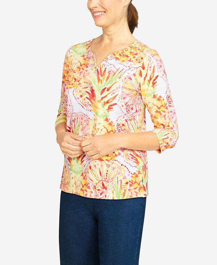 Alfred Dunner Women's Key Items Tropical Pineapple Print Knit Split ...