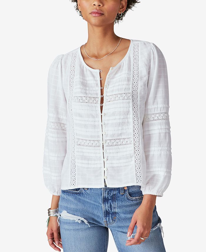 Lucky Brand Womens Pintucked Long Sleeve Lace Blouse Macys