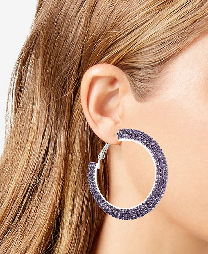 GUESS Silver-Tone Medium Pavé Concave Hoop Earrings, 2" - Macy's