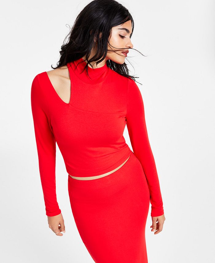 Bar III Women’s Long-Sleeve Cutout Cropped Top, Created for Macy’s - Macy's