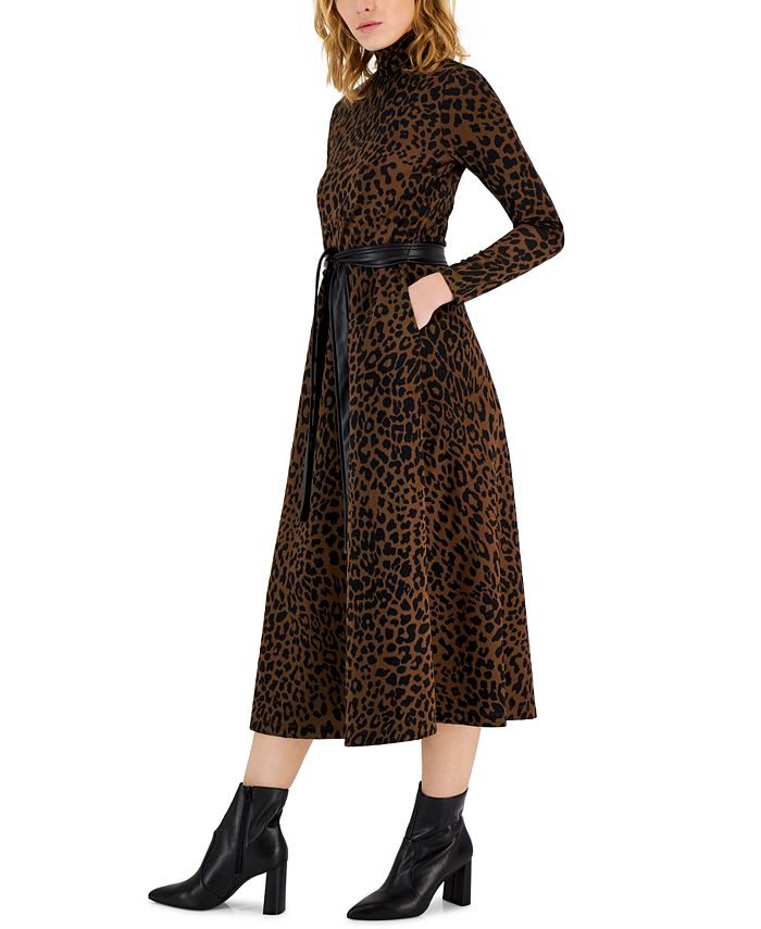 Anne Klein Women's Leopard-Print Mock-Neck Midi Dress - Macy's
