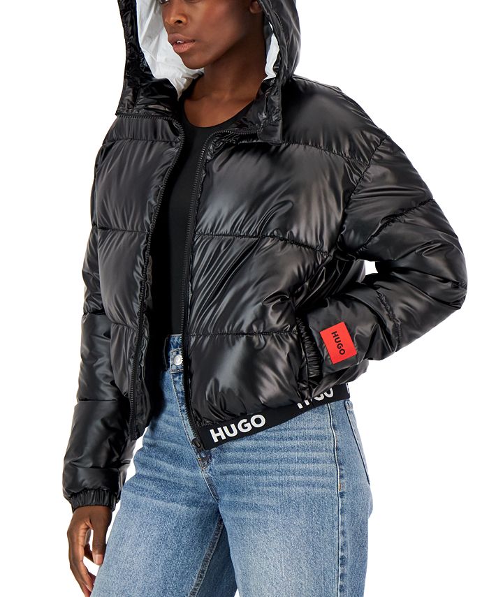 HUGO Women's Hooded Logo-Trimmed Cropped Puffer Jacket & Reviews ...