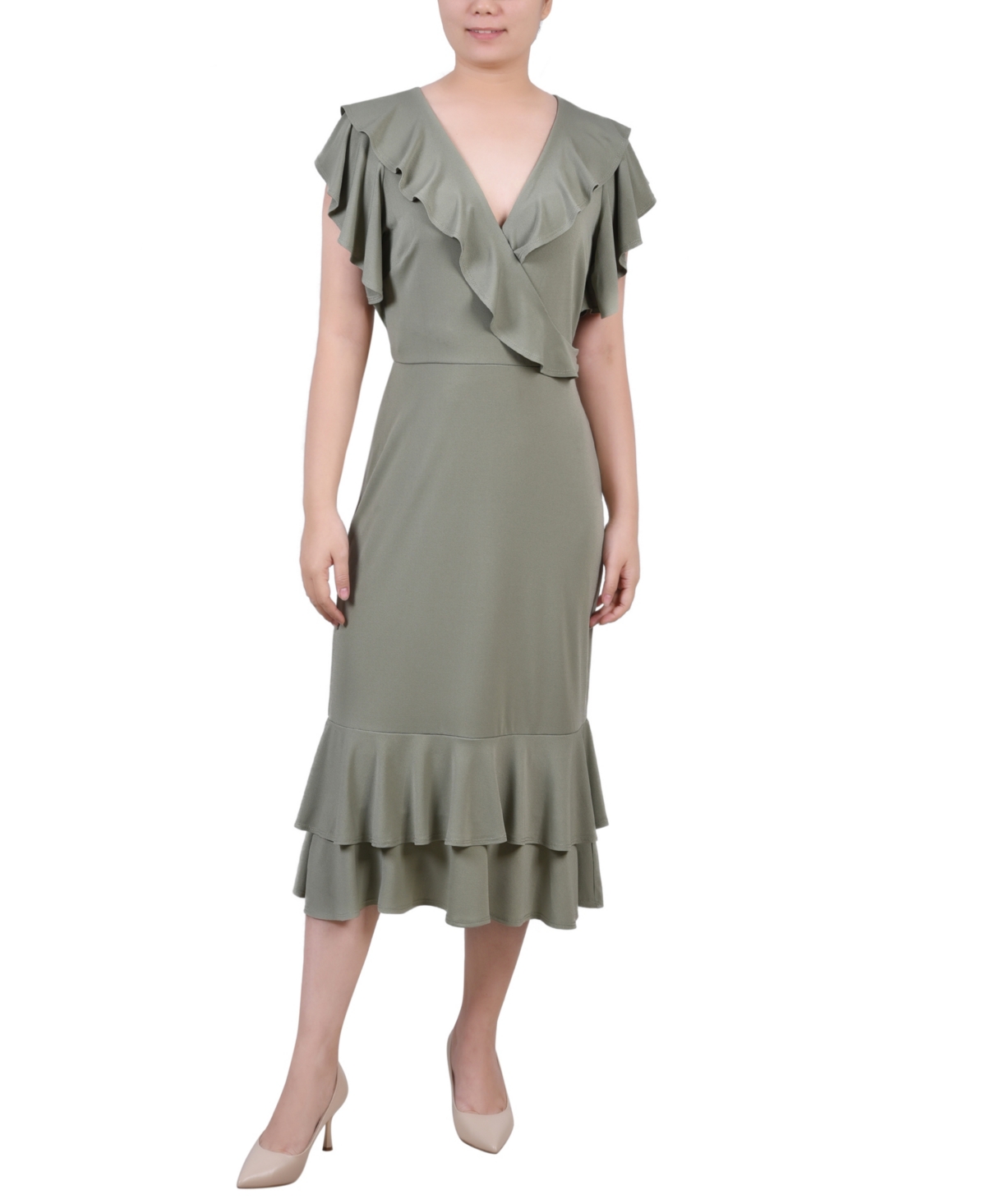 Click here for Ny Collection Petite Flutter Sleeve Ruffle Midi Dr... prices