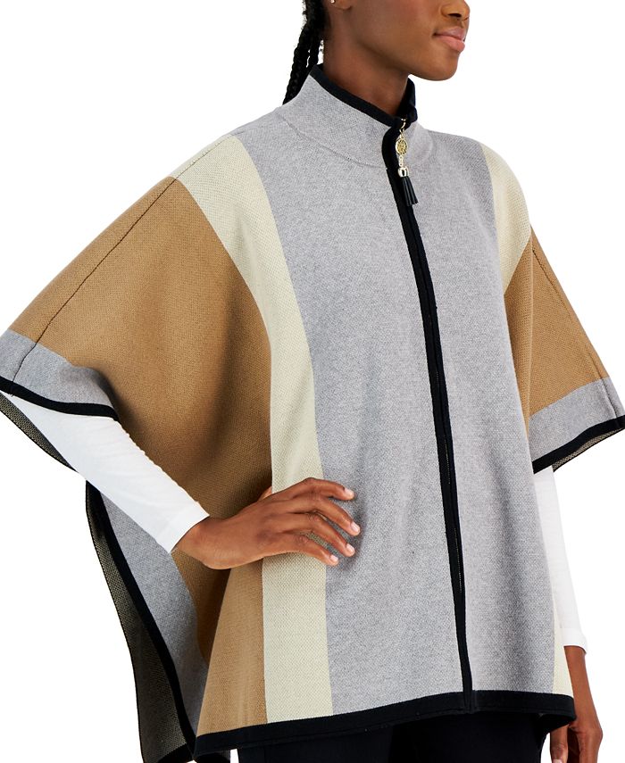 Anne Klein Colorblock Zip-Front Poncho Sweater - Macy's