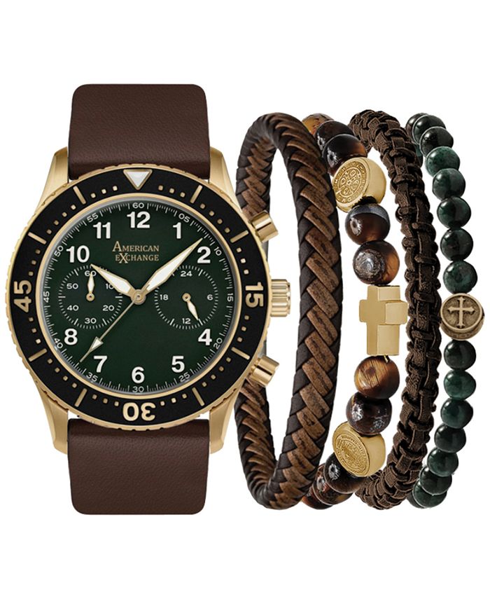 American Exchange Men's Faux-Leather Strap Watch 44mm Gift Set ...