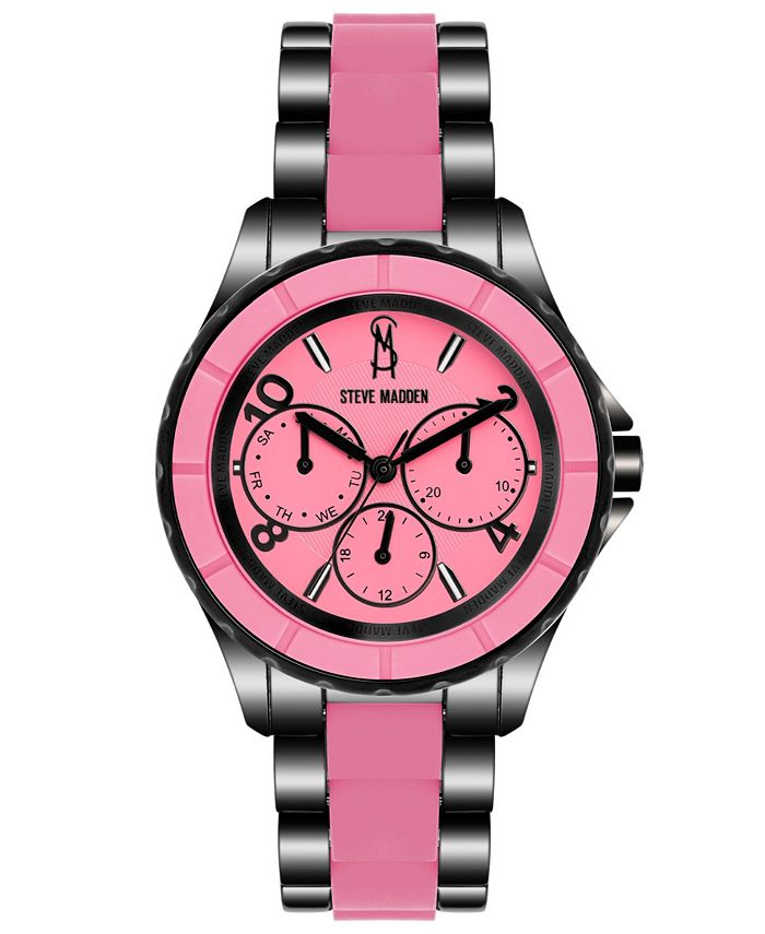 Steve Madden Women's Analog Black Alloy with Pink Silicone Center Link ...