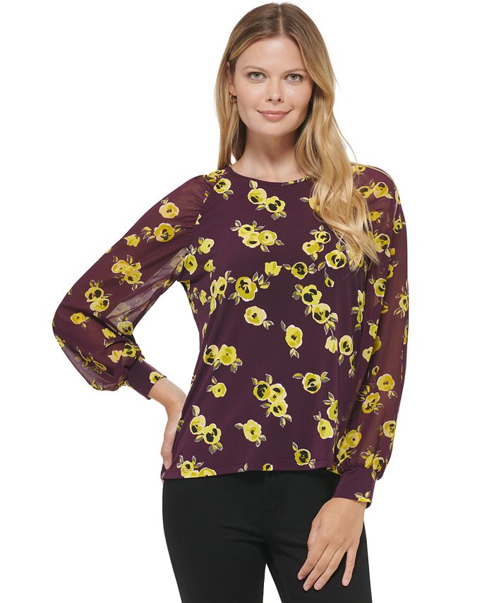 Calvin Klein Women's Printed Chiffon Sleeve Top - Macy's