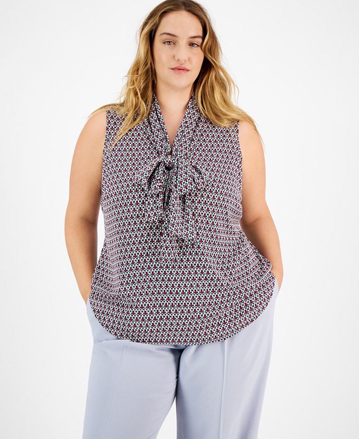 Bar III Plus Size Geo Print Sleeveless Bow-Tie Blouse - Macy's