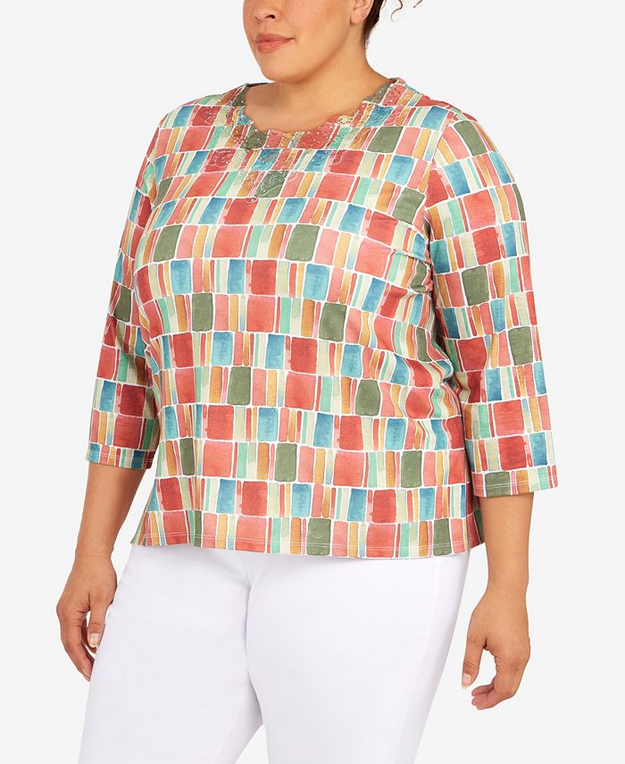 Alfred Dunner Plus Size Copper Canyon Crewneck Three-Quarter Sleeve Geo ...