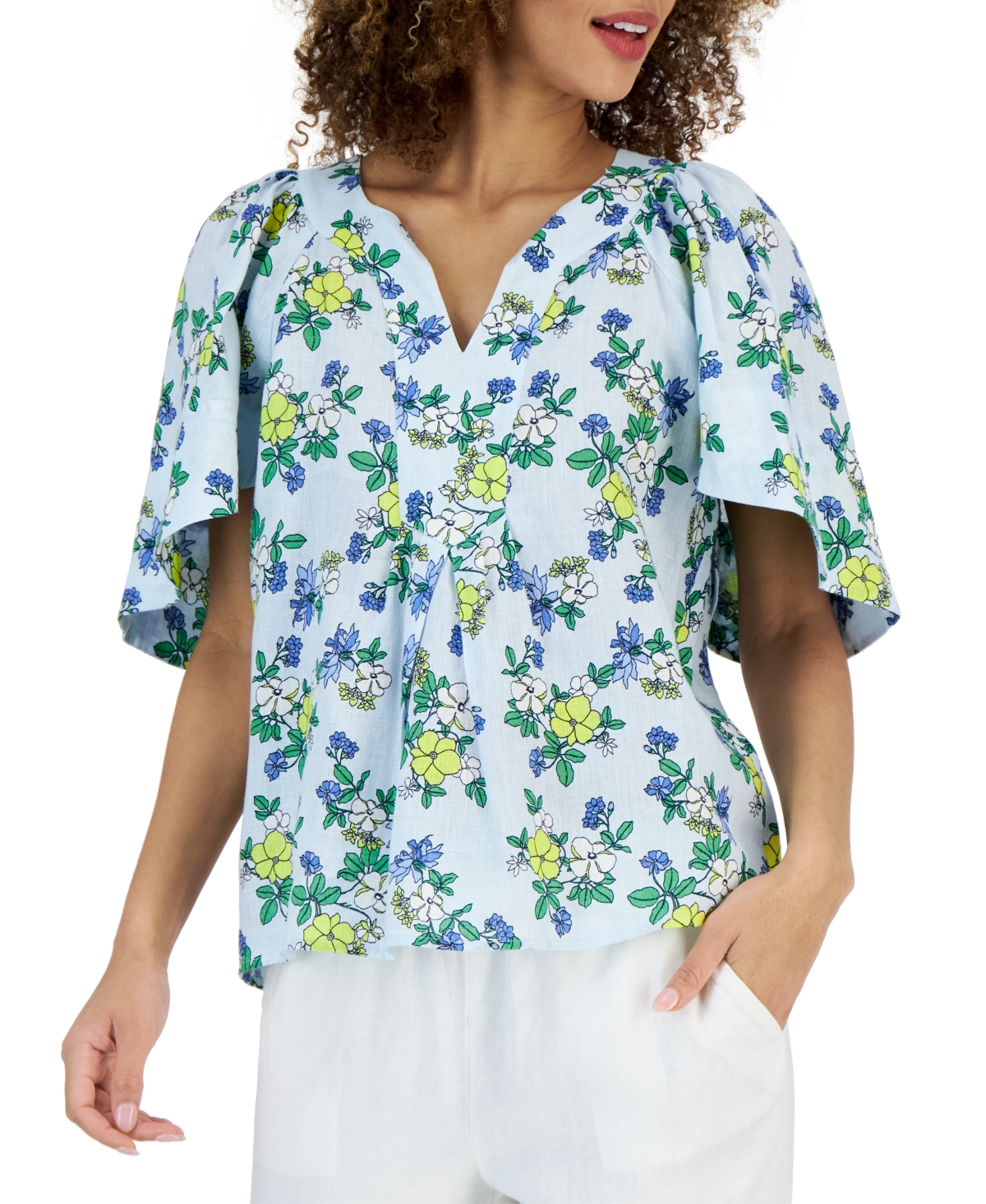 Charter Club Women's Linen Floral Flutter-sleeve Top, Created For Macy ...