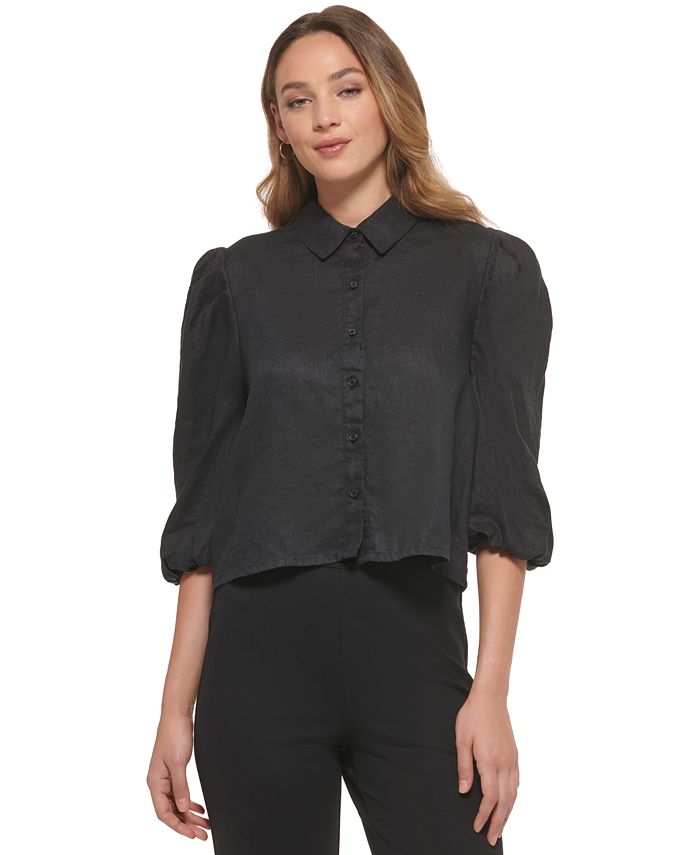 DKNY Women's Cotton Collared Button-Up 3/4-Sleeve Top - Macy's