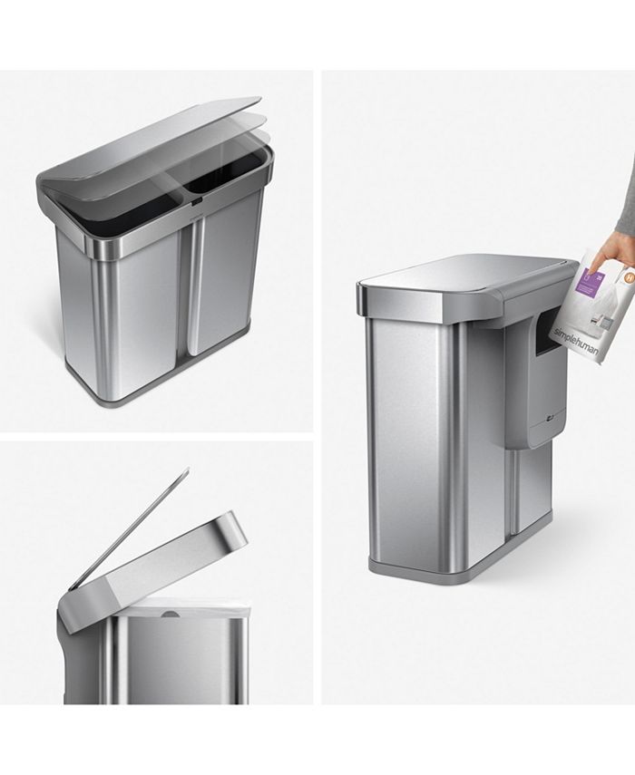 simplehuman Dual Compartment Rectangular Sensor Trash Can with Voice and Motion Control, 58 ...