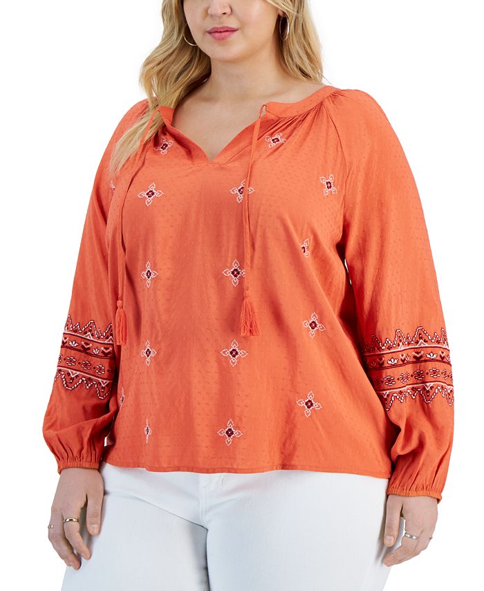 Style & Co Plus Size Embroidered Textured Split-Neck Top, Created for ...