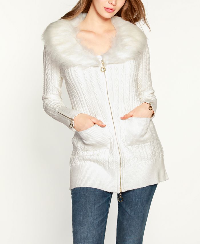 Belldini Black Label Petite Faux Fur Collar Cable Zippered Sweater - Macy's