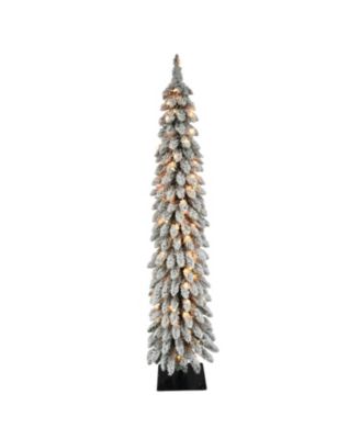 Puleo Pre-Lit Flocked Pencil Alpine Artificial Christmas Tree with 70 ...
