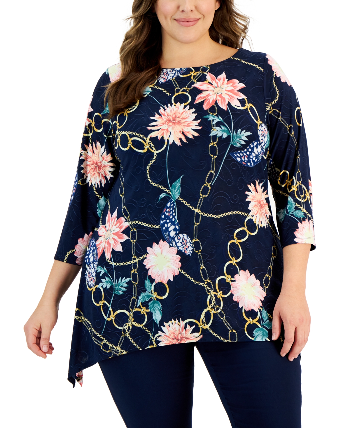 Jm Collection Plus Size Butterfly Dream Jacquard Top, Created For Macy's In Intrepid Blue Combo ...