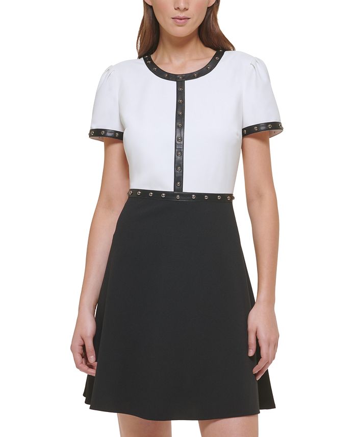 KARL LAGERFELD PARIS Women's Faux-Leather Studded-Trim Dress - Macy's