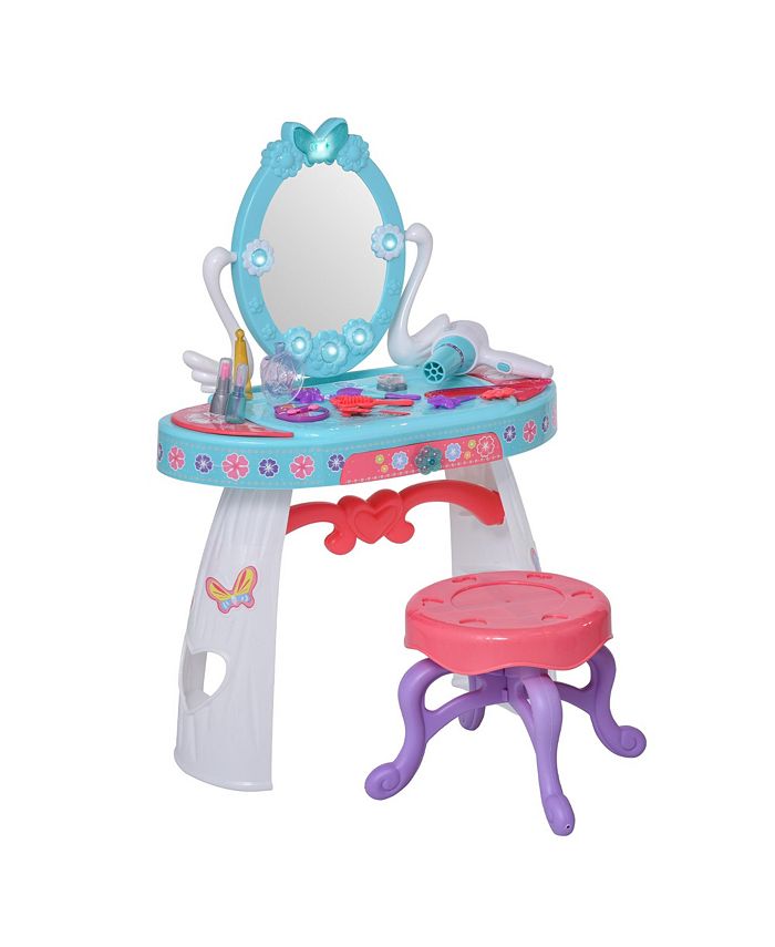 Qaba Kids Makeup Table Set with Chair and 29-Piece Set, Princess Vanity ...