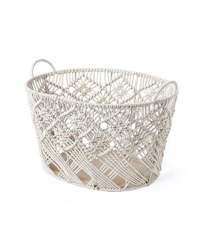 Baum Macrame Oval Cotton Rope Storage Bins with Ear Handles and Wood ...