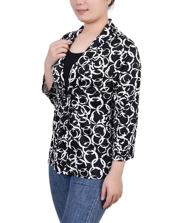 NY Collection Petite 3/4 Sleeve Two-Fer Top - Macy's