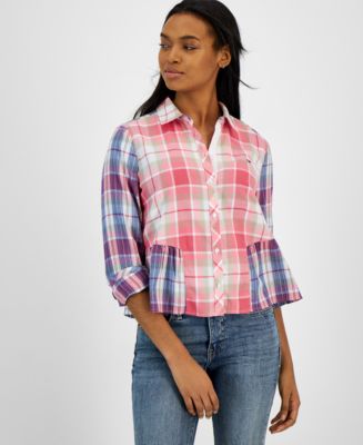 Tommy Jeans Women's Cotton Collared Plaid Peplum Shirt - Macy's