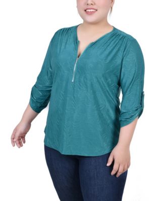 NY Collection Plus Size 3/4 Roll Tab Zip Front Jacquard Knit Top - Macy's