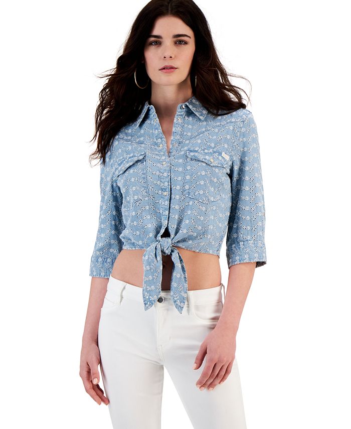 GUESS Women's Eyelet Tie-Front Sexy Pin-Up Shirt - Macy's