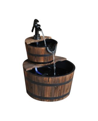 Outsunny 2 Tier Fountain Rustic Wood Barrel Water Fountain w/ Pump ...
